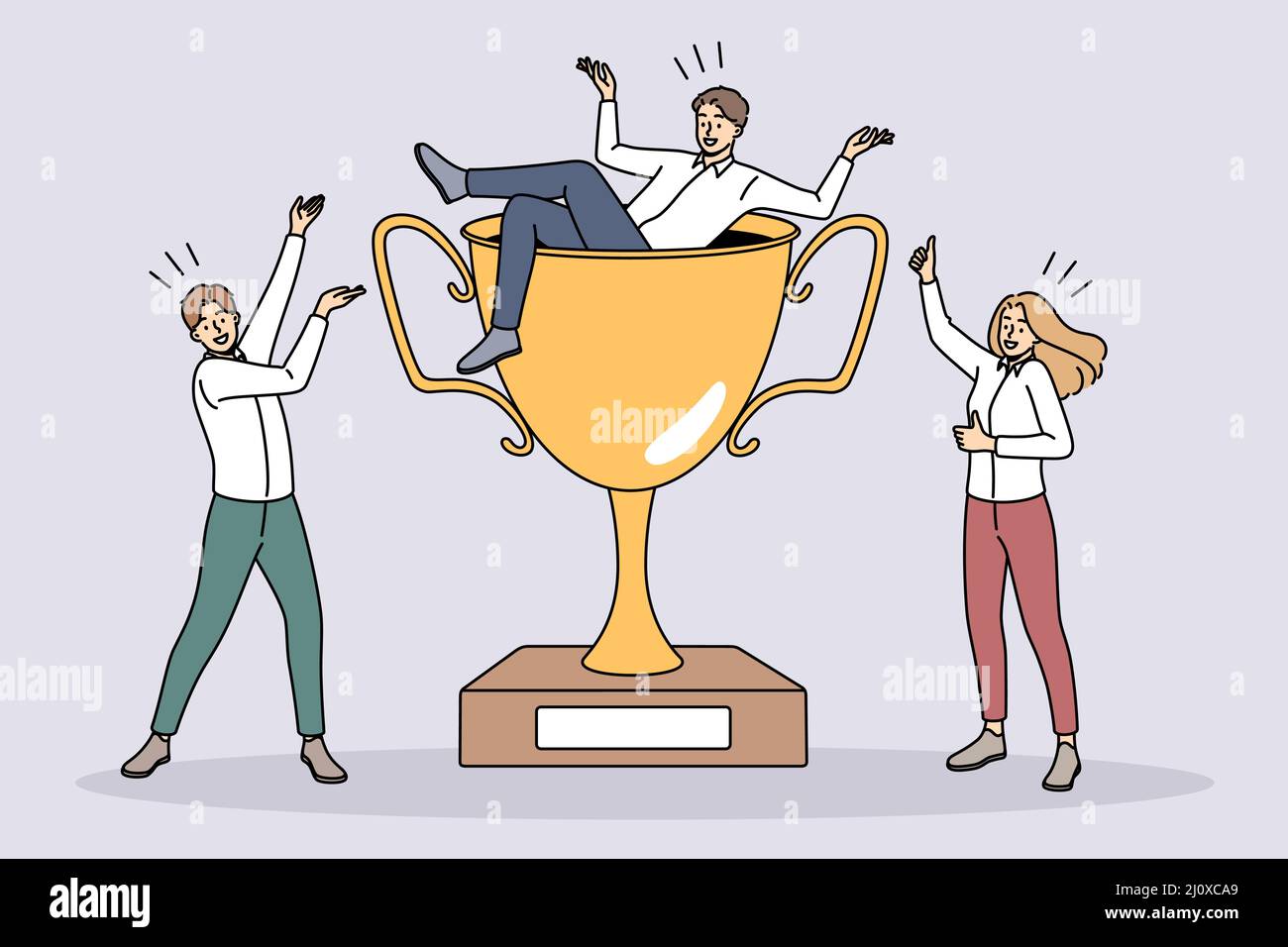 Overjoyed team with huge golden trophy celebrate shared business win or ...