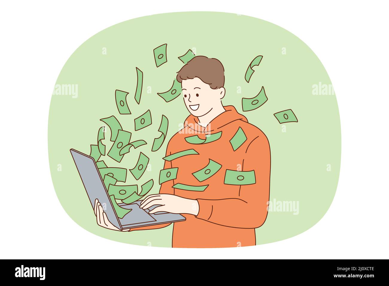 Making money and profit online concept. Young smiling man standing and ...
