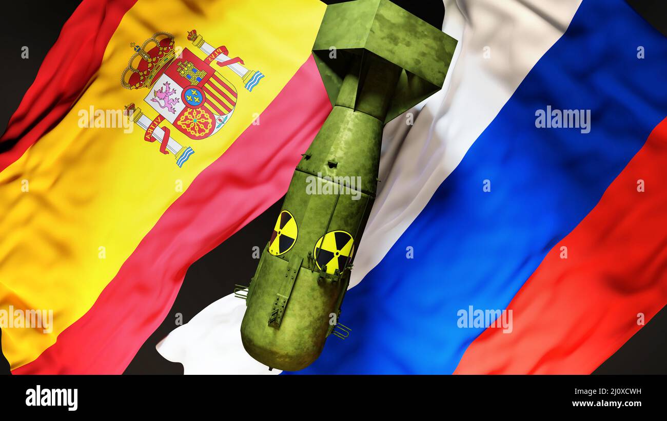 Spain and Russia nuclear war, conflict and crisis. National flags and ...