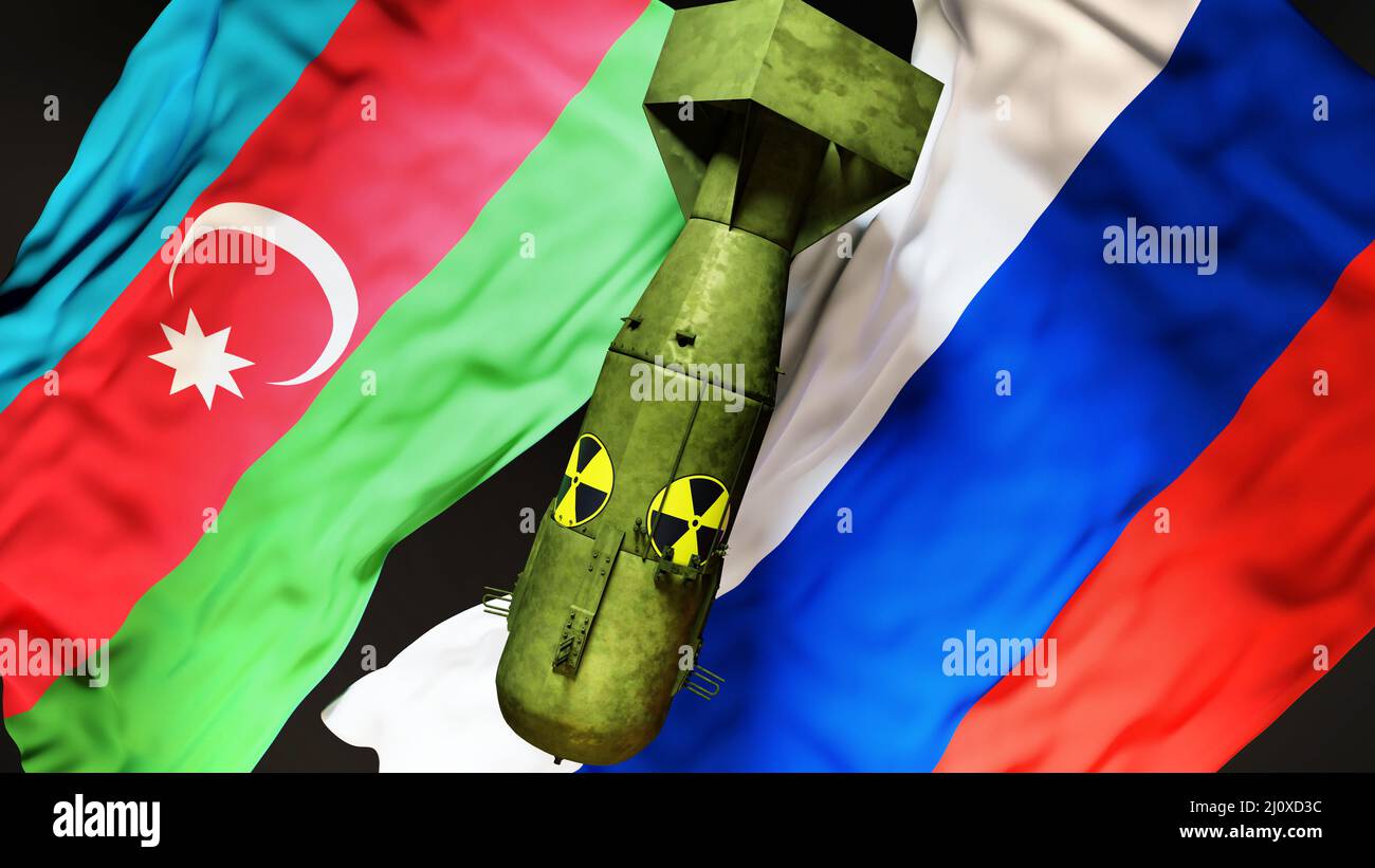 Azerbaijan and Russia nuclear war, conflict and crisis. National flags ...