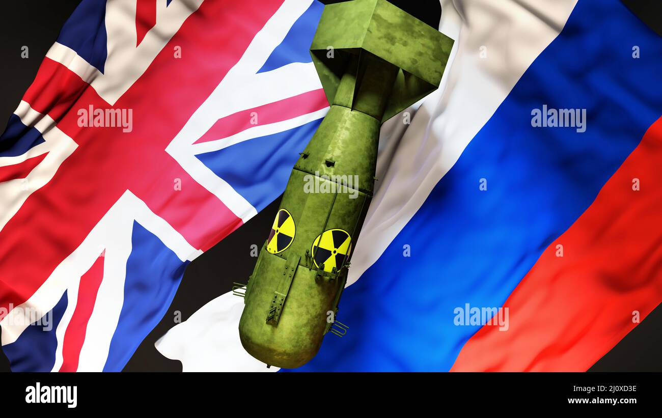 UK England and Russia nuclear war, conflict and crisis. National flags ...