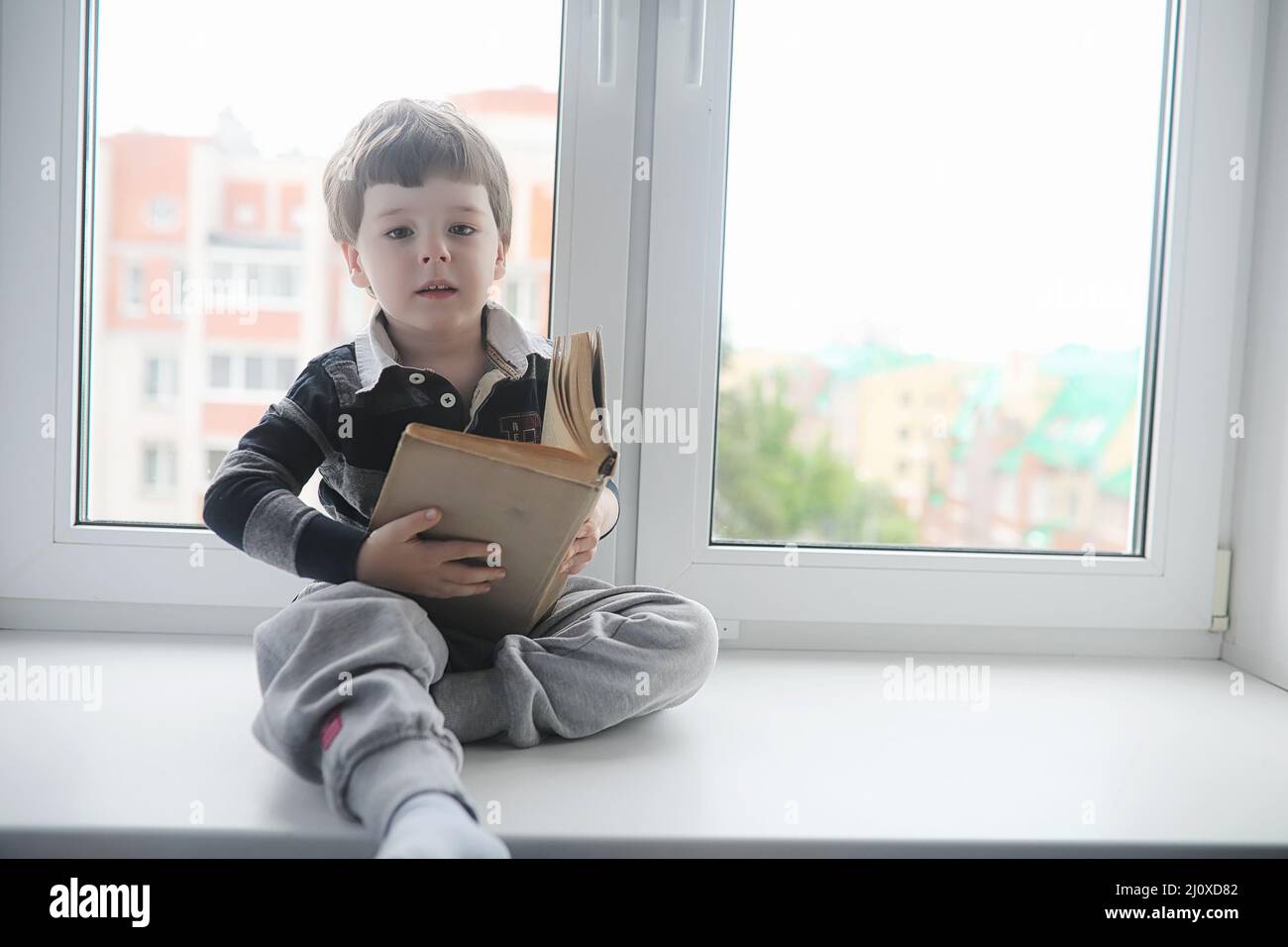 The little boy is reading a book. The child sits at the window and ...