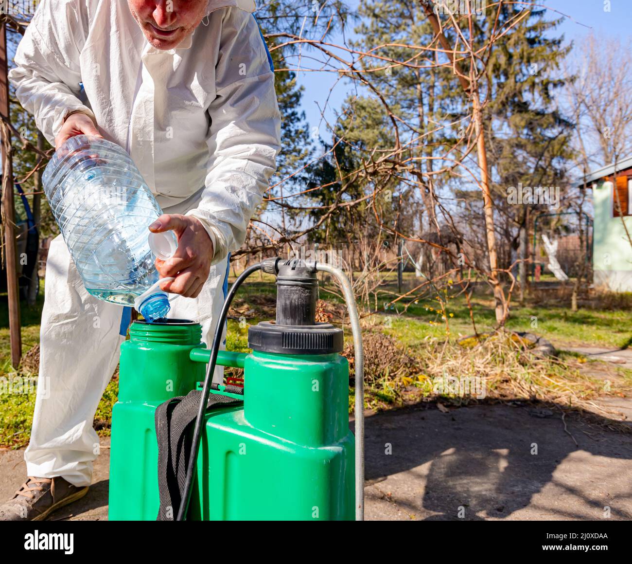 Farmer is preparing mixture of water and botanical solutions of ...