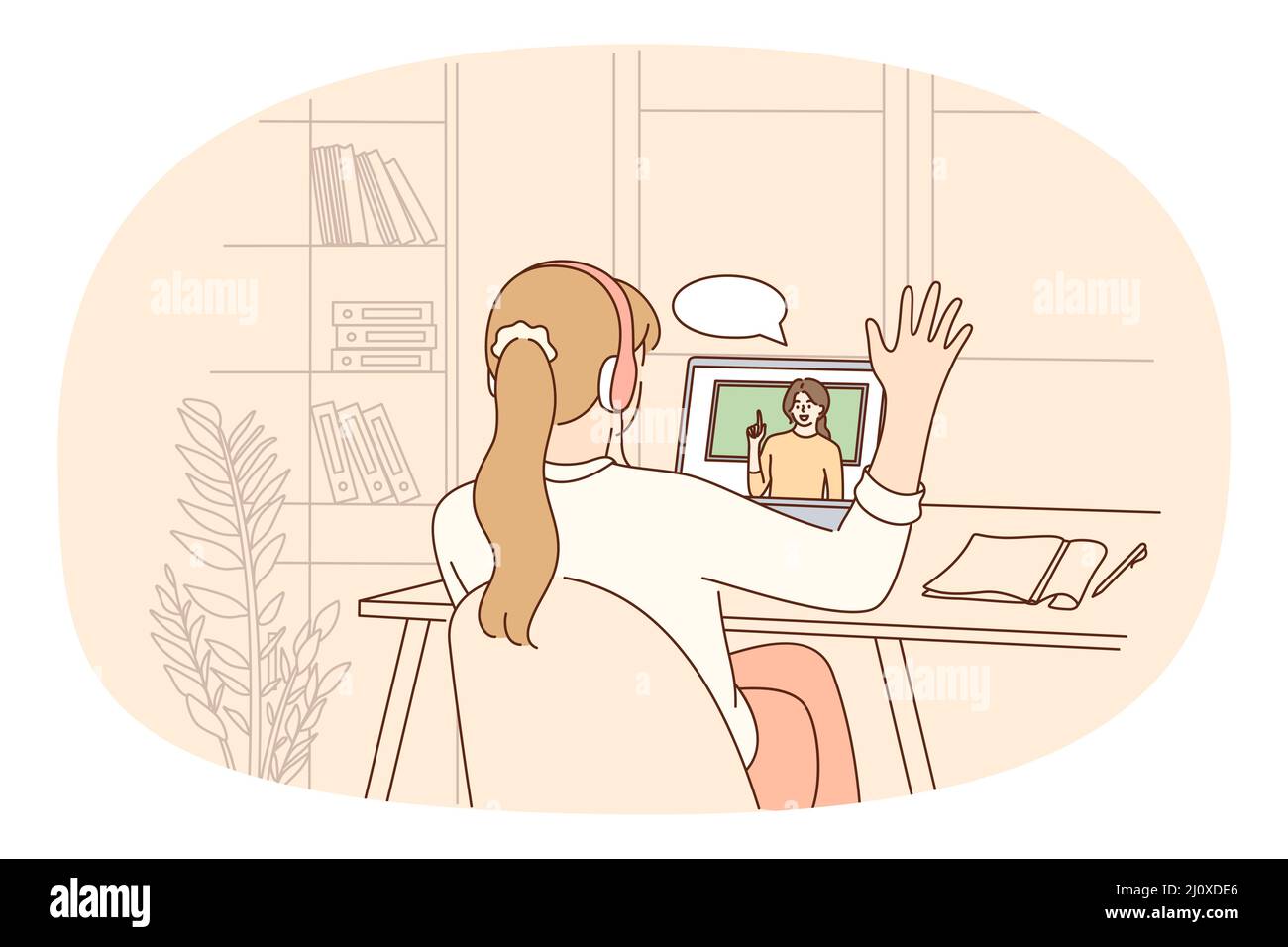 Online education and lesson concept. Girl in headset sitting and ...