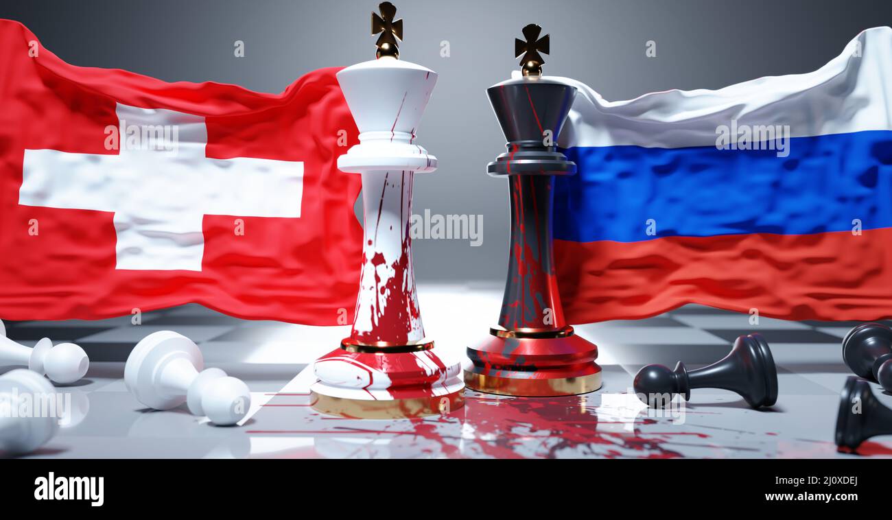 Switzerland and Russia war, conflict and crisis. National flags, chess ...