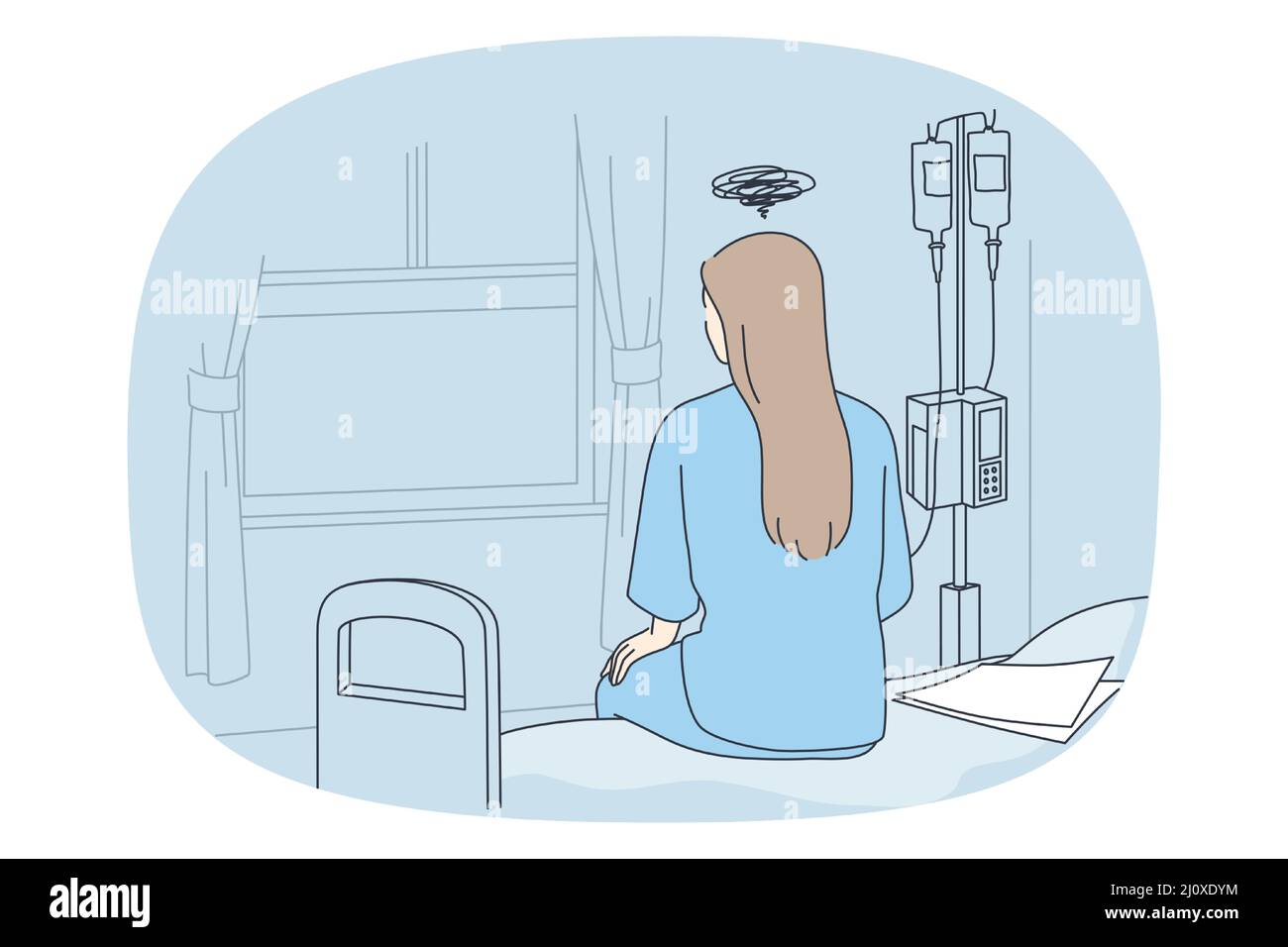 Cancer illness and sadness concept. Sad woman sitting on bed in clinic ...