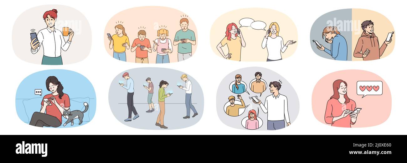 Collection of people overuse modern cellphone in daily life. Set of ...