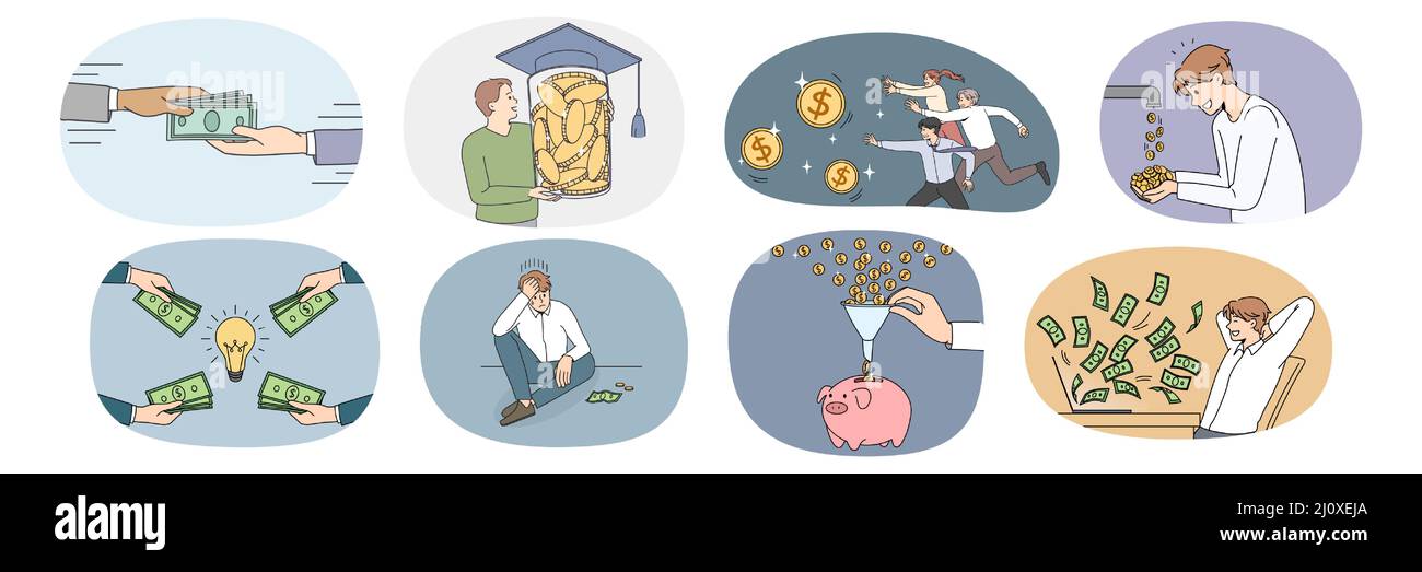 Set of diverse people strive for financial success and stability ...