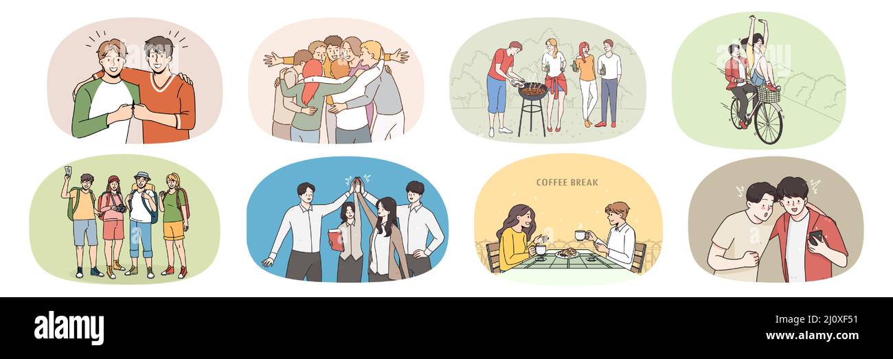 Set of smiling millennial diverse friends have fun enjoying leisure ... Set of smiling millennial diverse friends have fun enjoying leisure ...