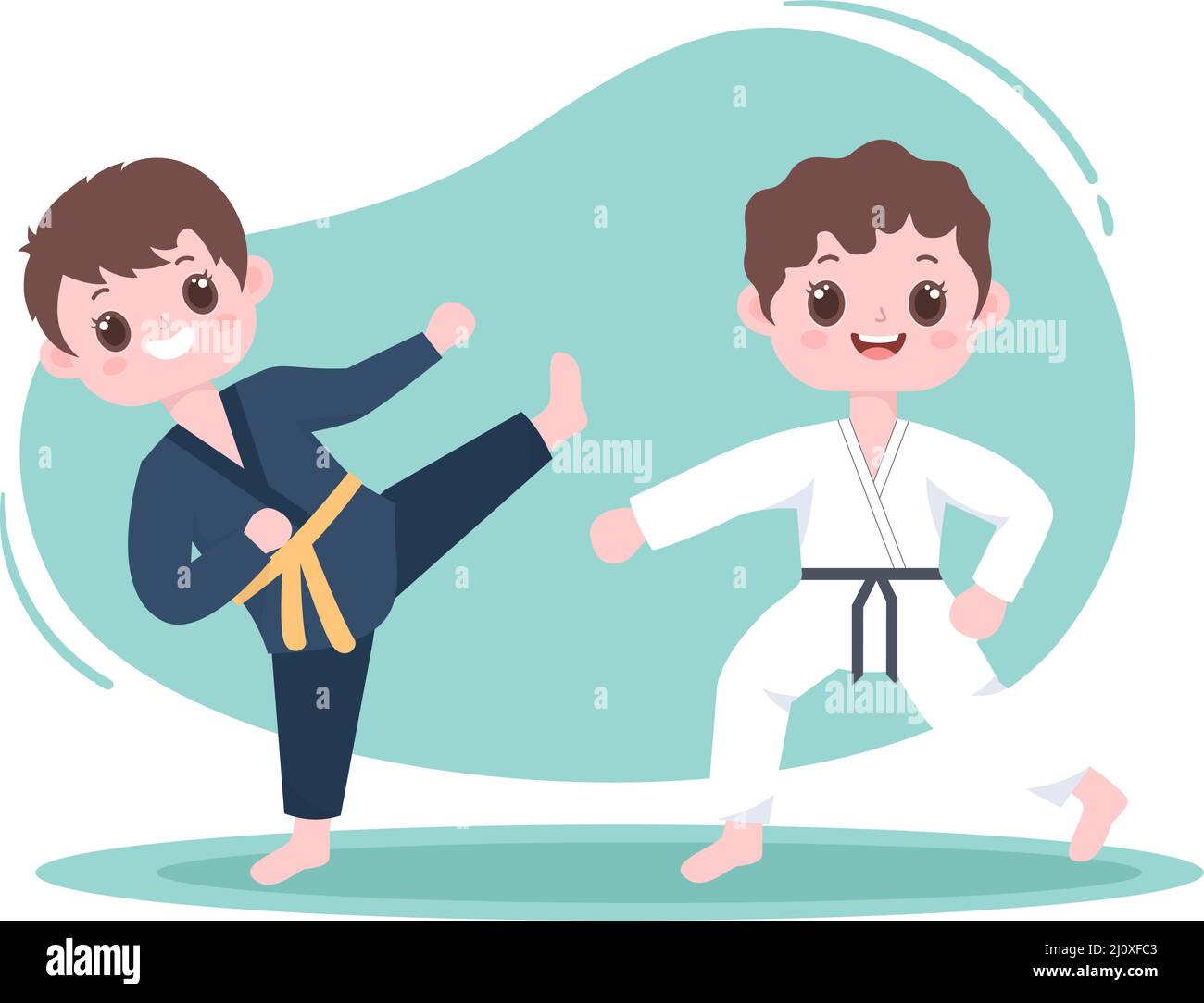 Cute Cartoon Kids Doing Some Basic Karate Martial Arts Moves, fighting ...