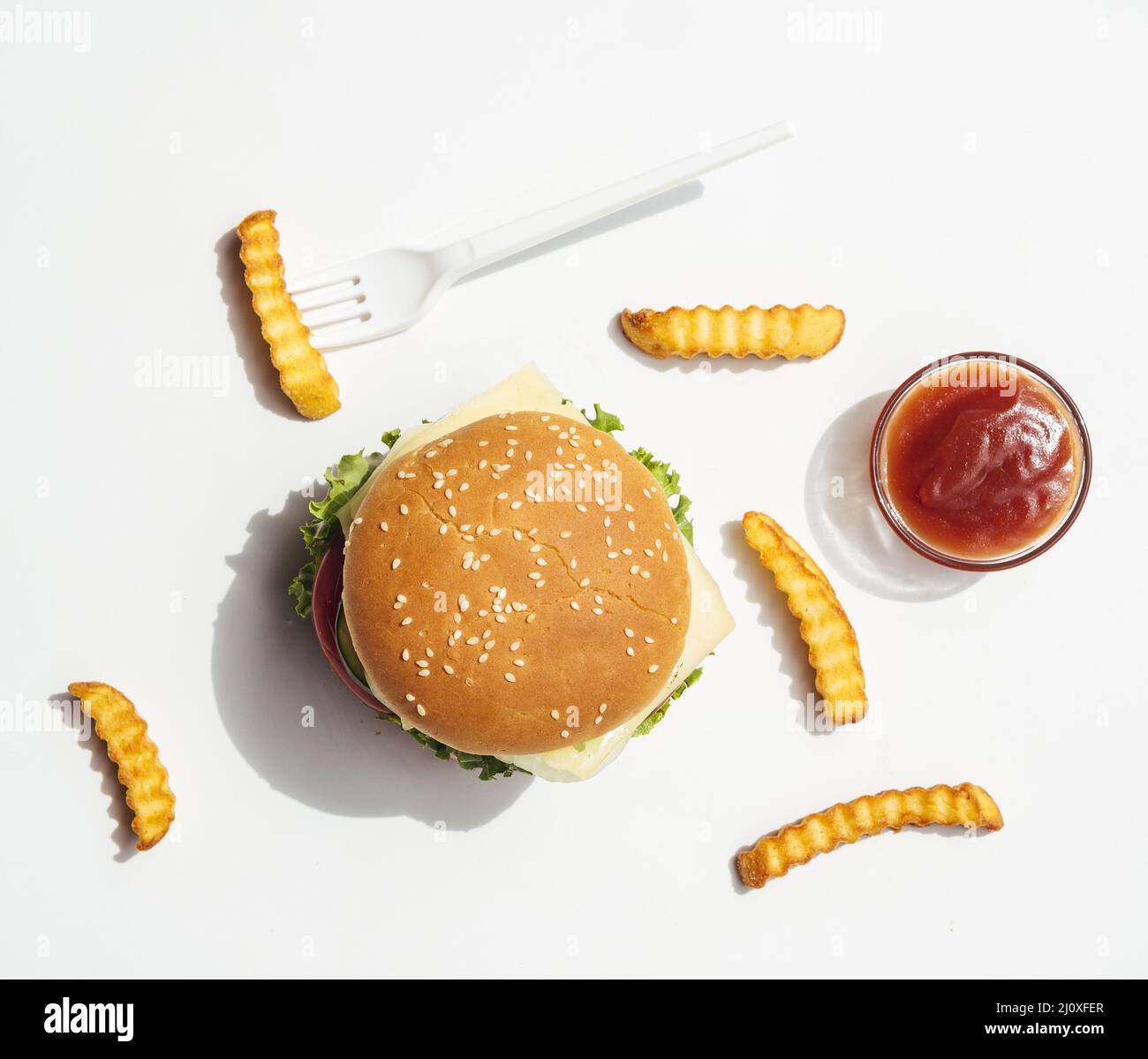 Flat lay burger with fries ketchup. High quality beautiful photo ...
