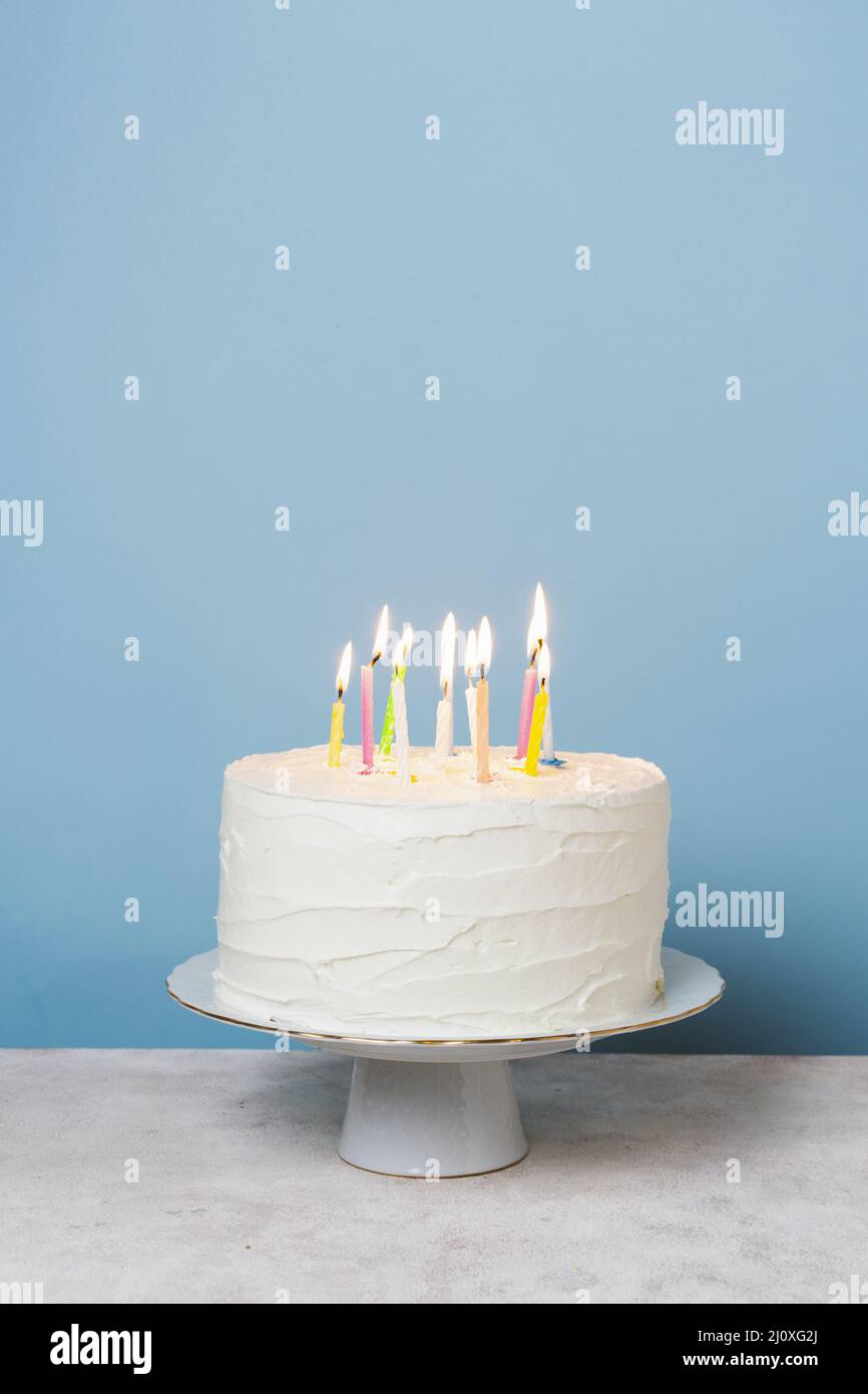 Front view lit candles birthday cake. High quality photo Stock Photo ...