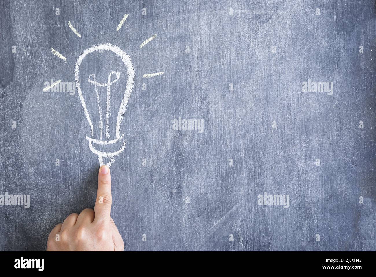 Finger pointing light bulb drawn with chalk chalkboard Stock Photo - Alamy