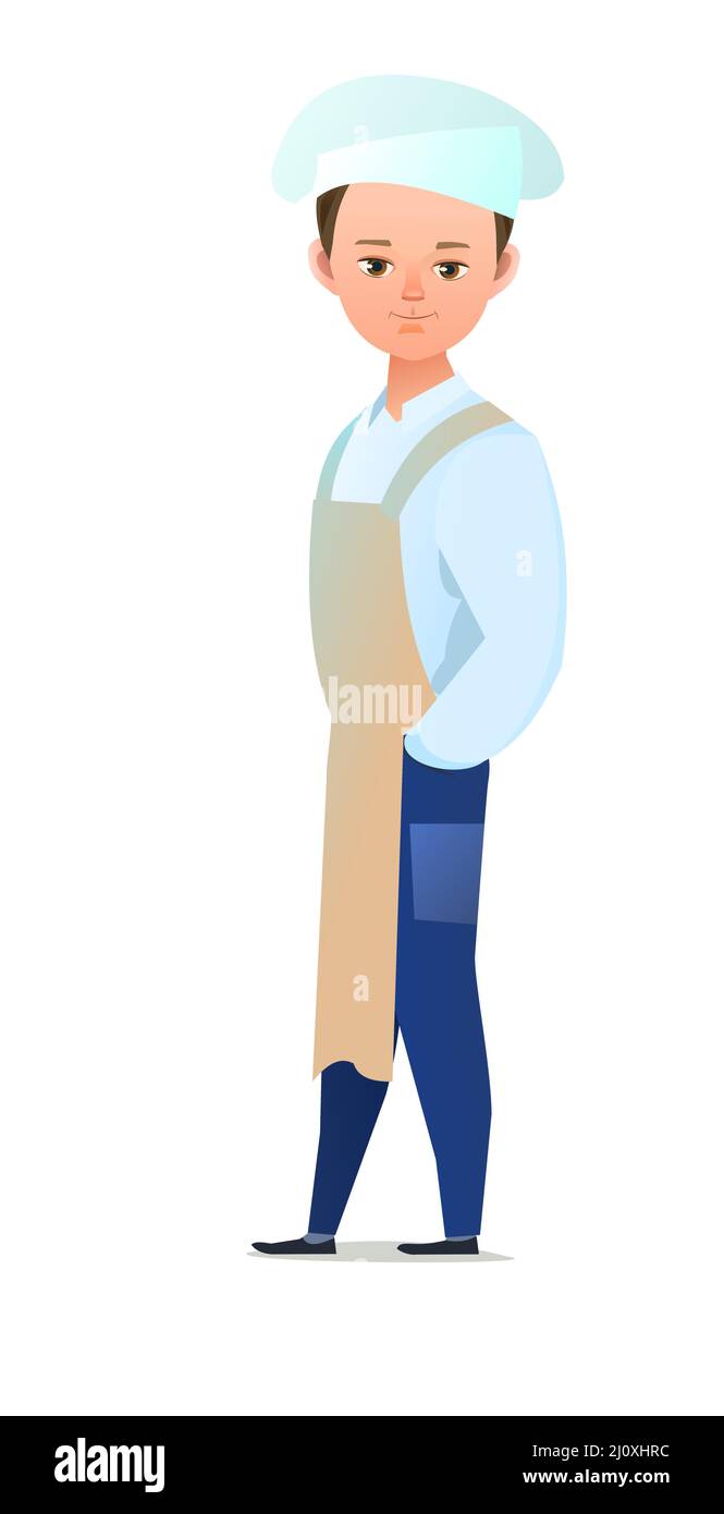 Male cook in overalls. Little boy from kitchen in an apron. Cheerful ...