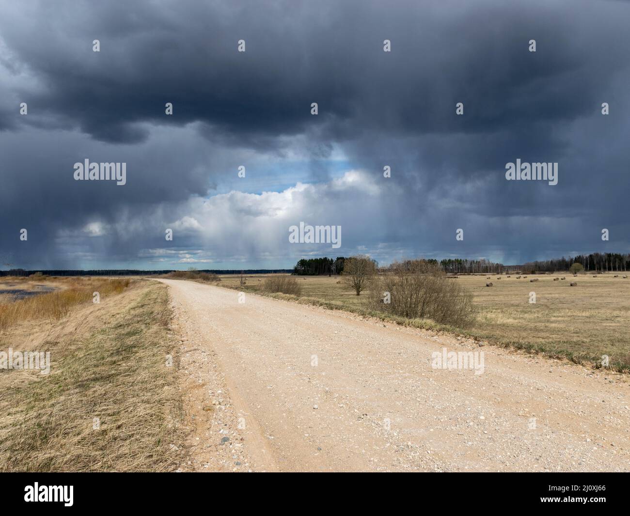 simple rural landscape with a rural road, beautiful cumulus clouds ...