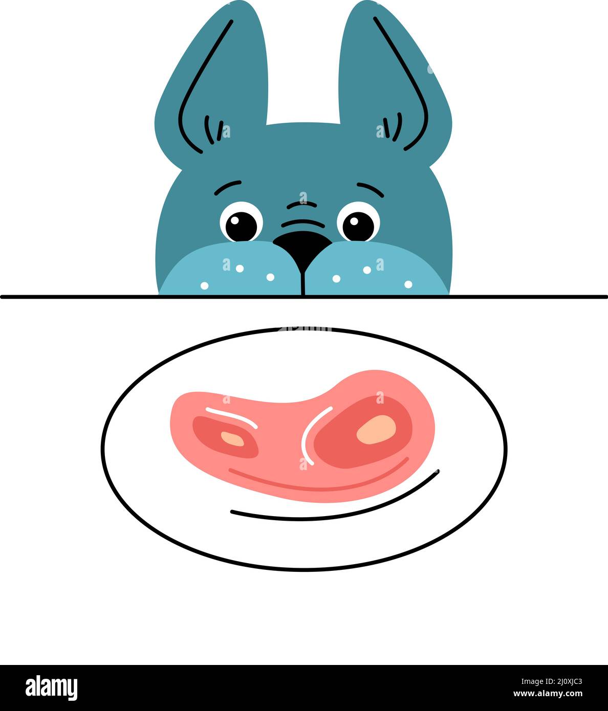 Vector illustration of cartoon dog looking on the plate with steak on ...