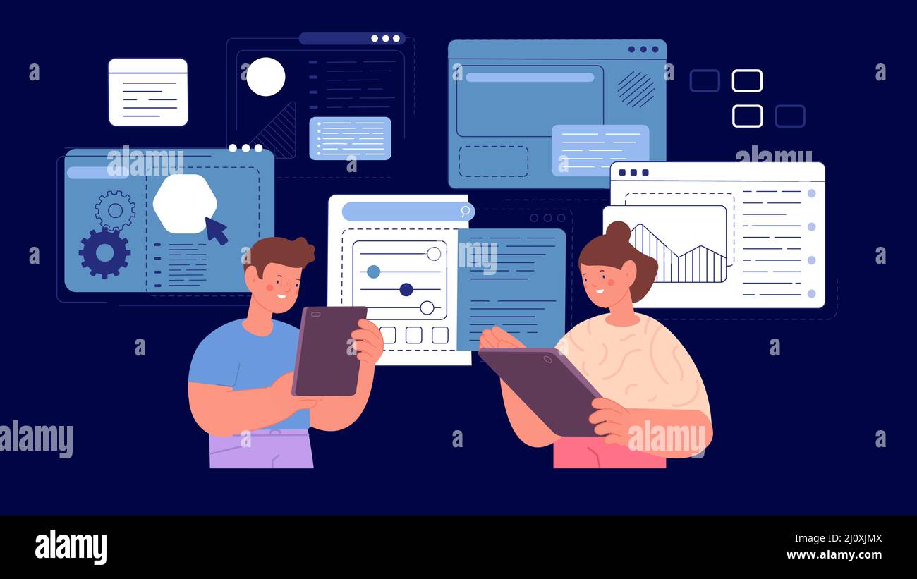 Geek children with tablets. Kids programming, modern boy and girl ...