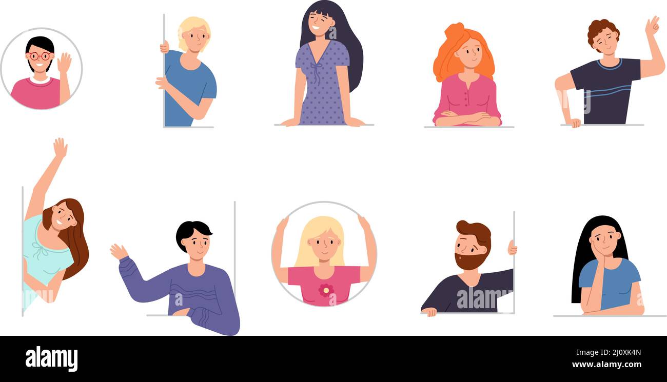 Cheerful people looking. Happy adults look around and peeking ...