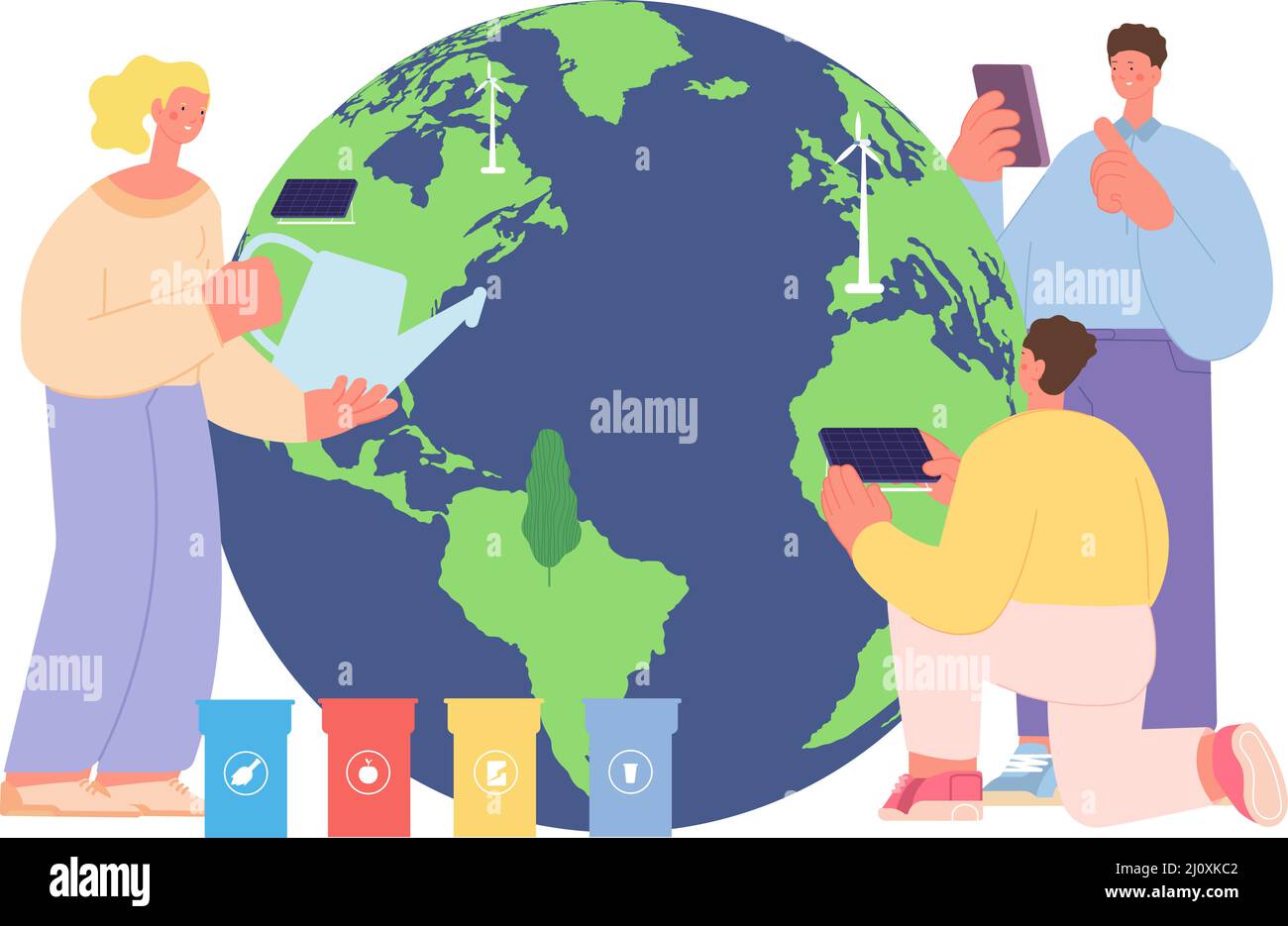 Save the planet. People care about earth, watering trees and install ...