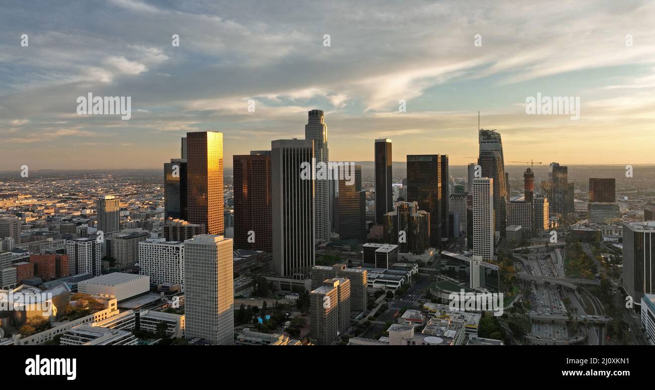 Aerial drone shot flying on downtown Los Angeles. Urban aerial view of ...