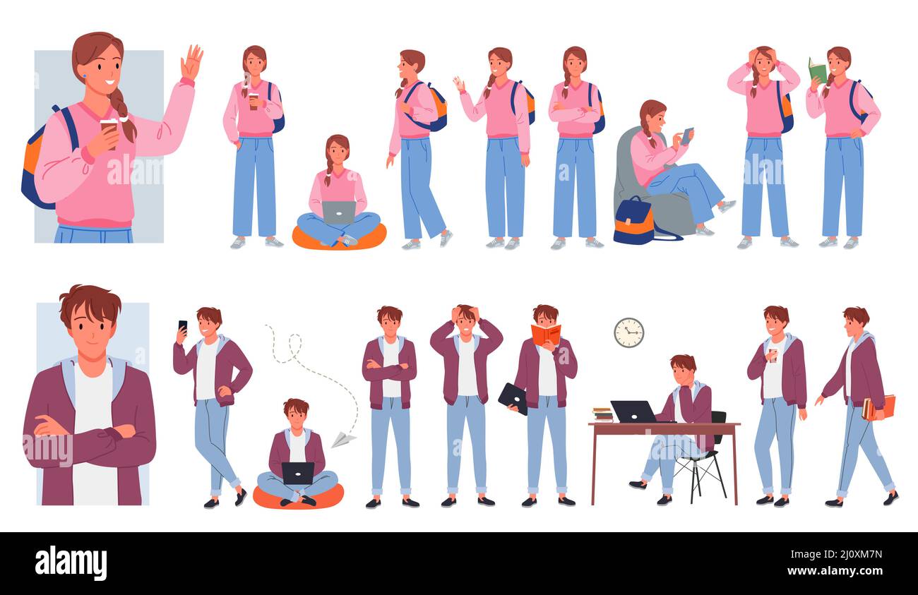 Set of young boy and girl college student in diverse educational poses ...