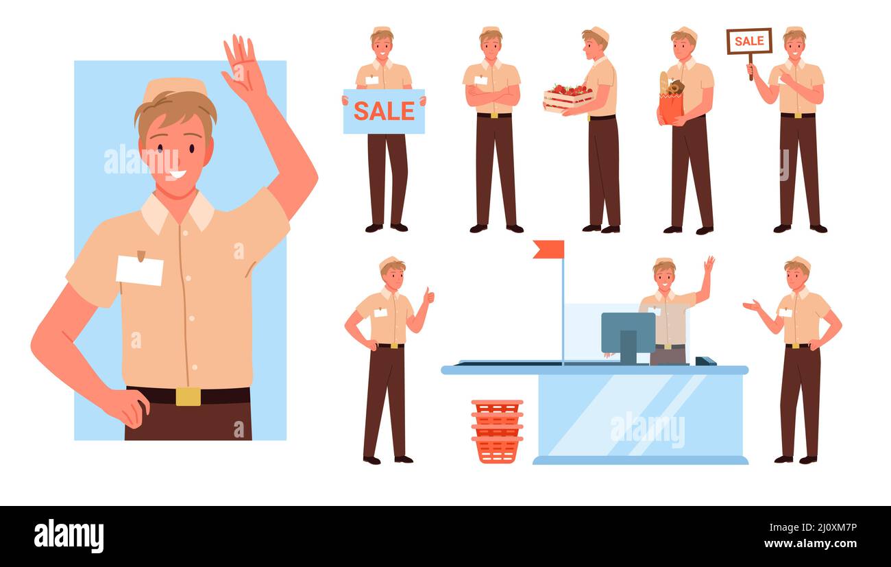 Set of smiling seller guy in diverse store working poses Stock Vector ...