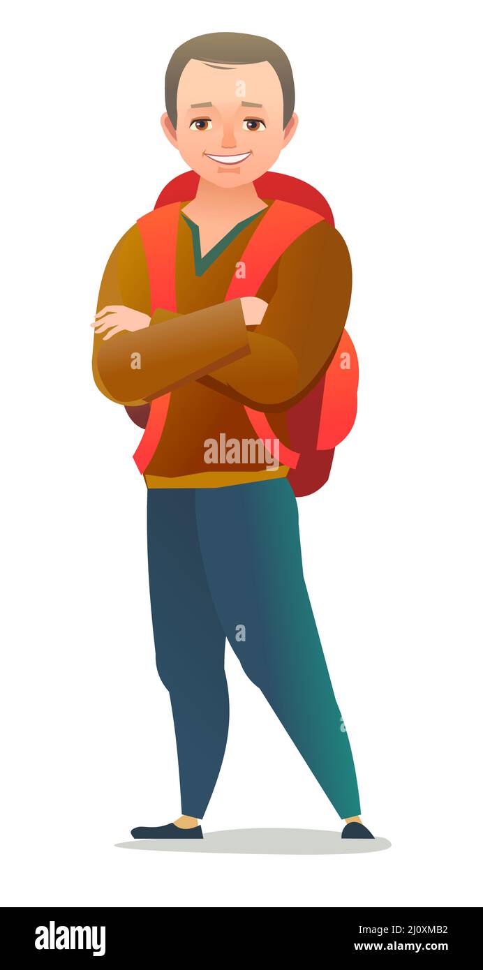 Little boy tourist backpacker. Teen with backpack on his back. Cheerful ...