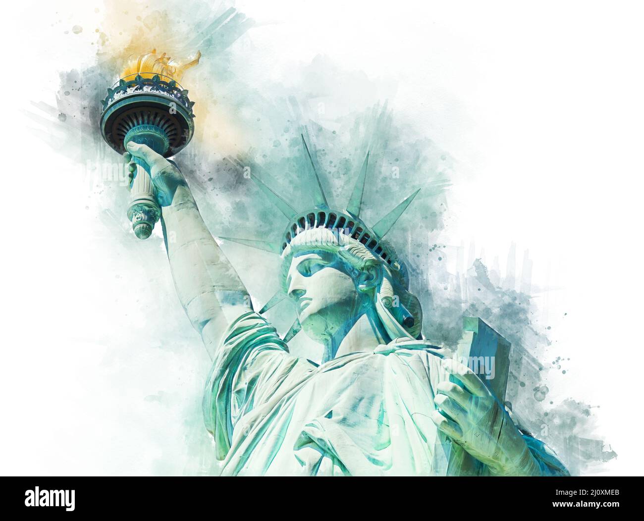 Watercolor paint effect of the Statue of Liberty isolated on white ...
