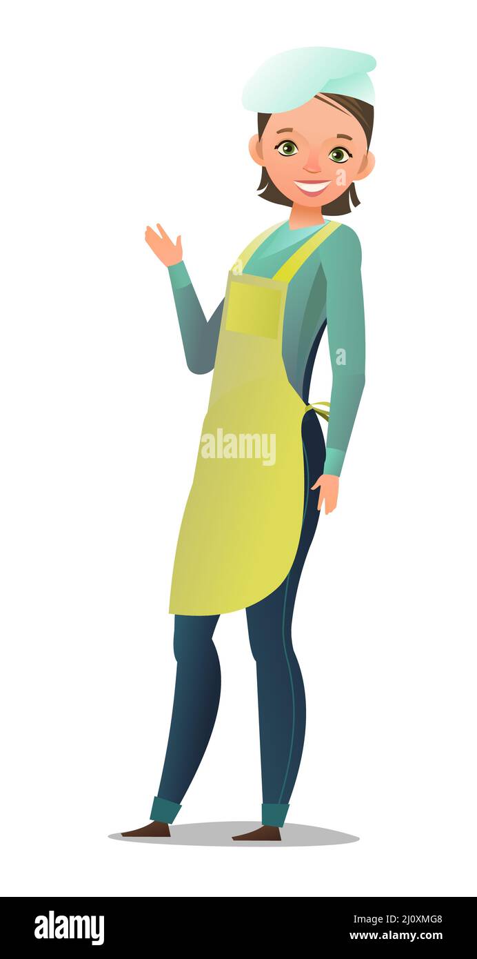 Female cook in overalls. Little Girl from kitchen in an apron. Cheerful ...