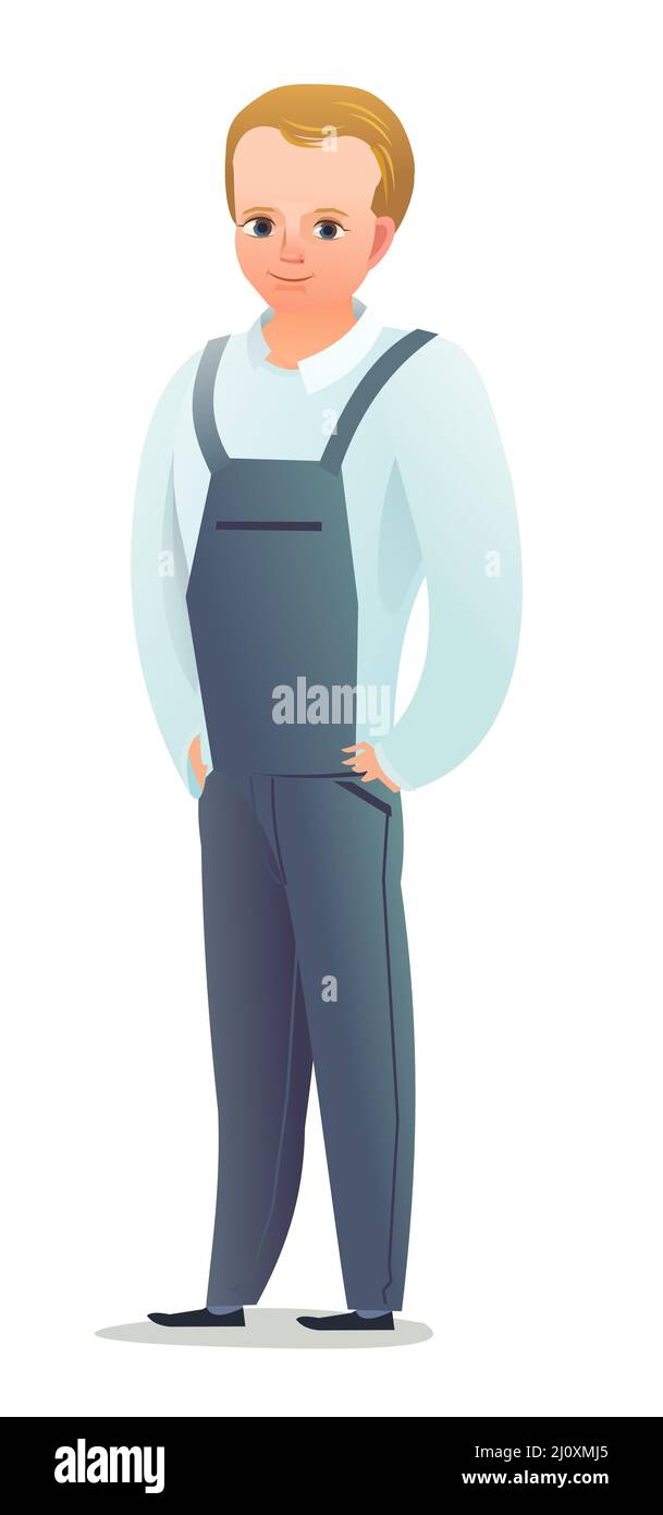 Little boy craftsman. Teen in apron. Master in workwear. Cheerful ...