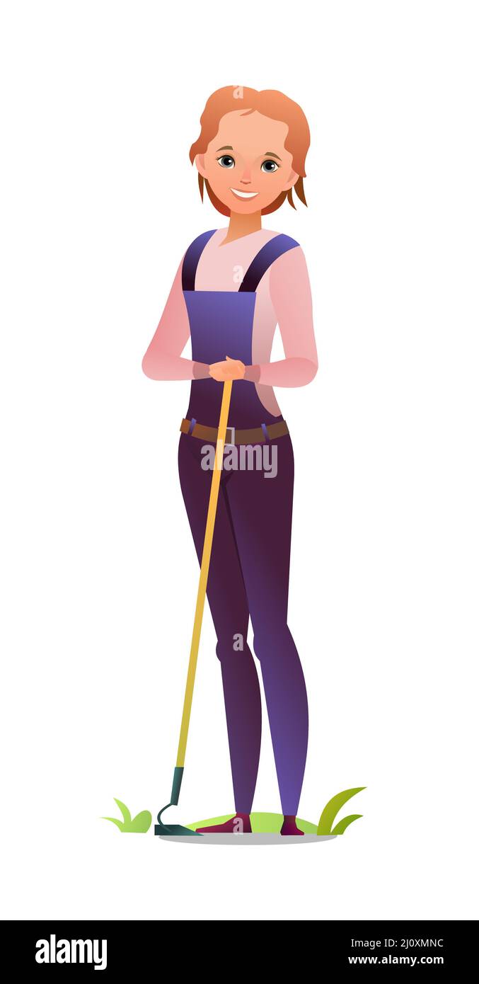 Little girl villager farmer in overalls. Teen is an agricultural worker ...