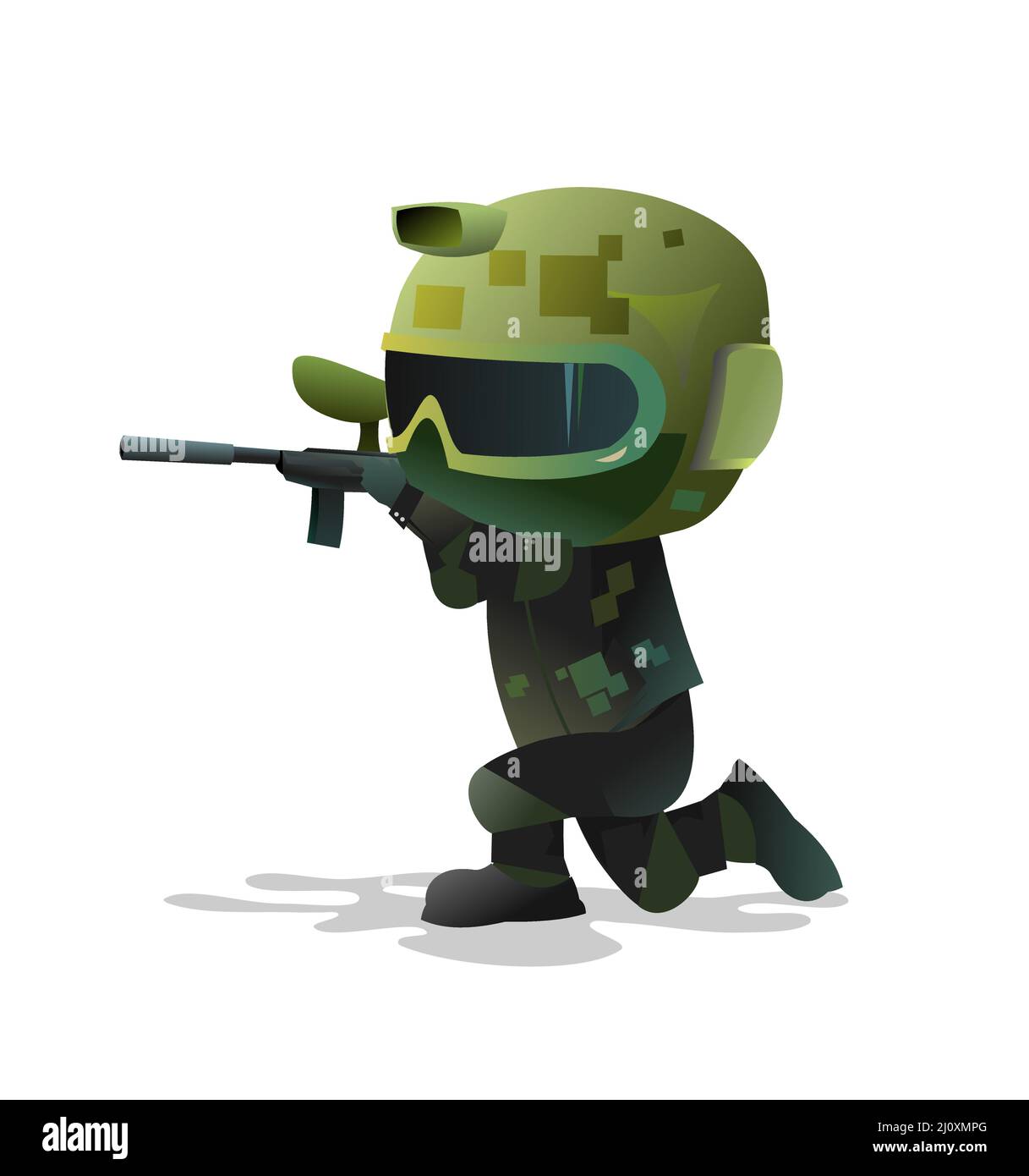 Warrior paintball player aiming at enemy. Comic funny character. Helmet ...