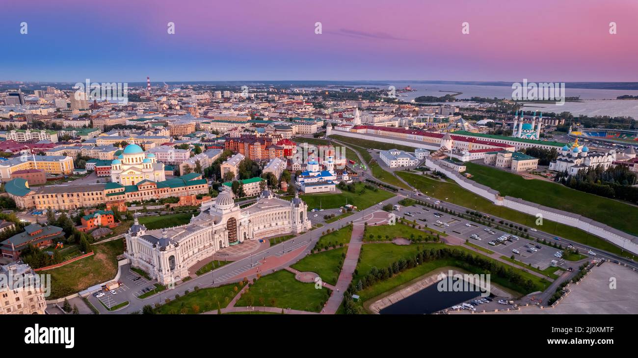 Aerial top view sunset panorama cityscape of Kazan Kremlin Kul Sharif mosque of Tatarstan Russia ...