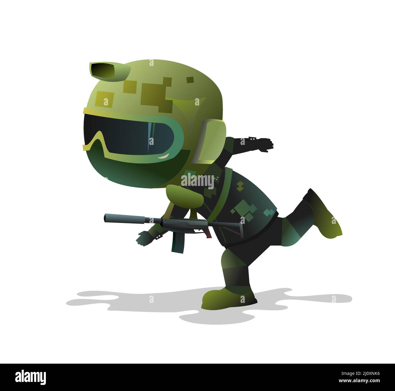Warrior paintball player running fast. Comic funny character. Helmet ...
