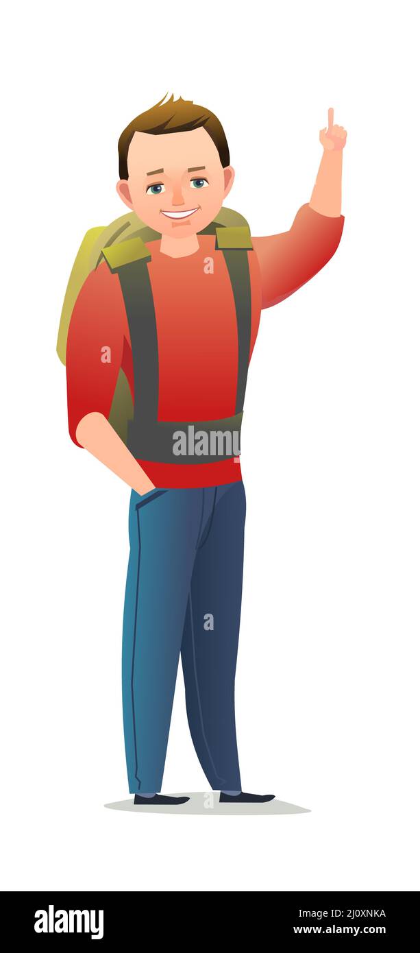 Little boy tourist backpacker. Teen with backpack on his back. Cheerful ...
