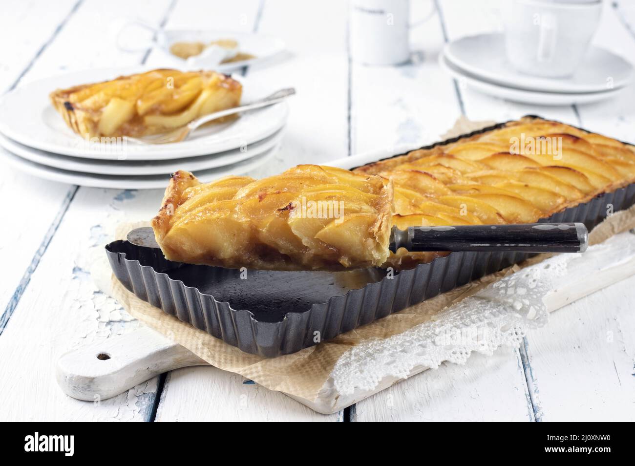 Traditional French quince tart served as close-up in classic backing ...