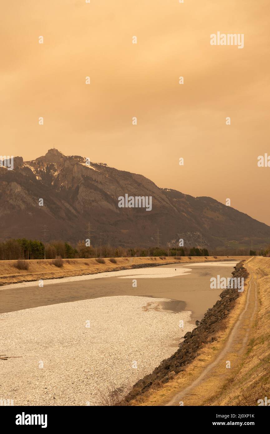 Bendern, Liechtenstein, March 15, 2022 Lots os Sahara sand dust in the ...