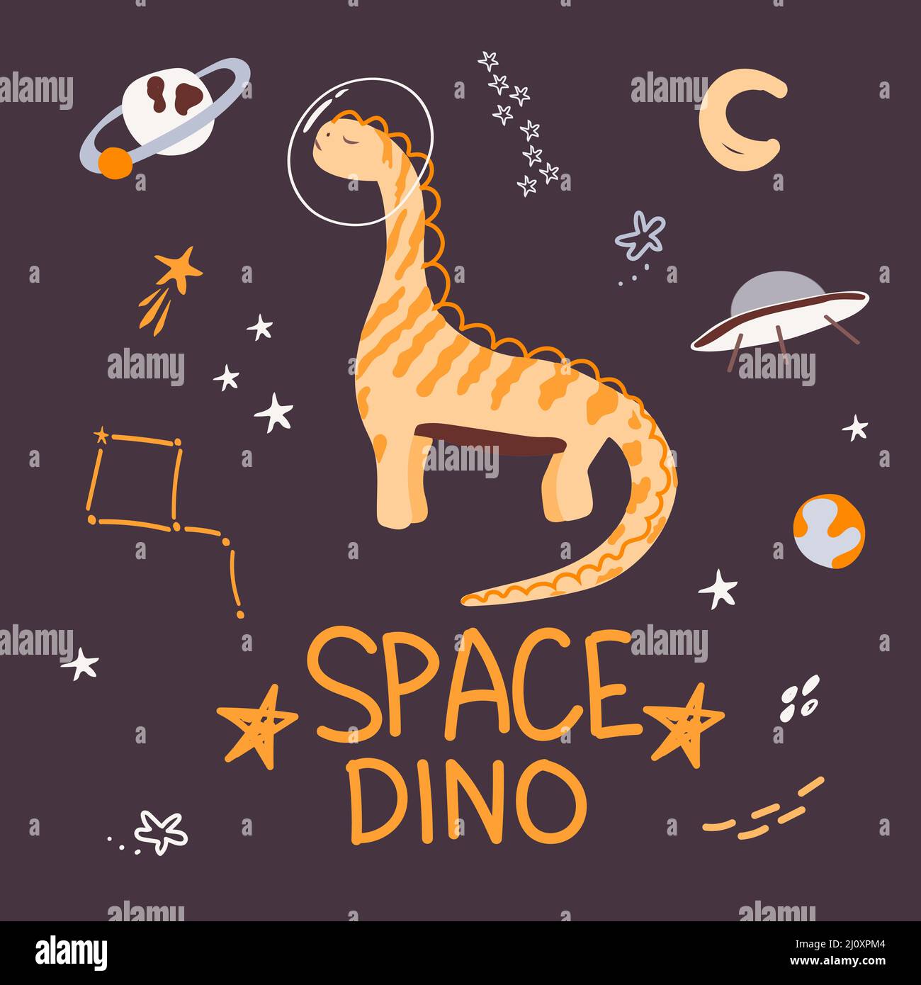 Cute space dinosaur with a planet, stars, and comets around it. Flat ...