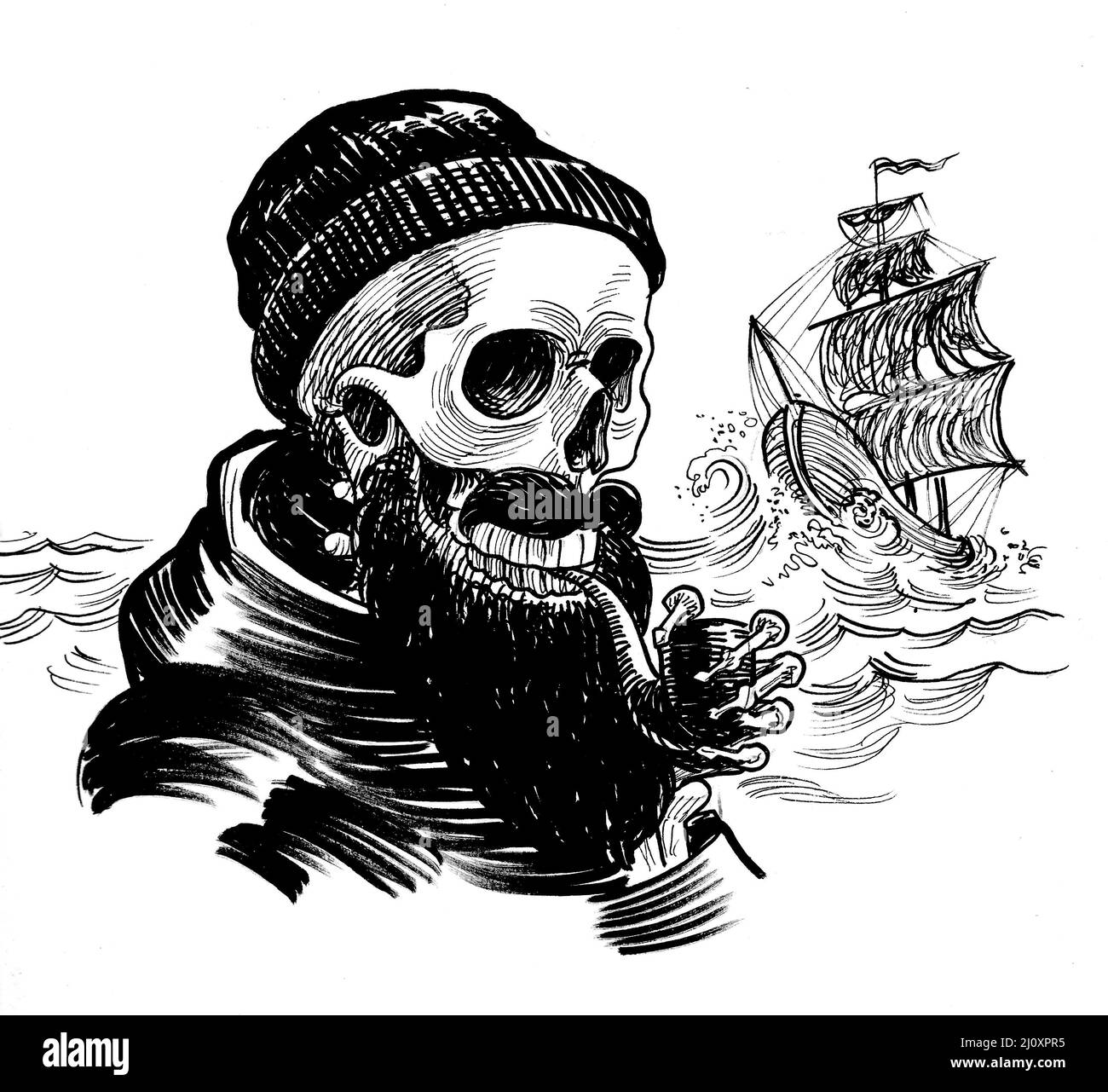 Dead sailor and sailing ship. Ink black and white drawing Stock Photo ...