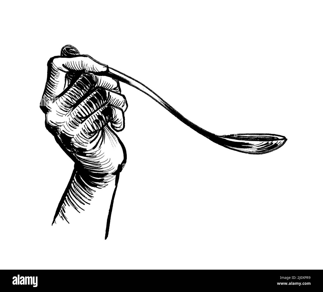 Hand with spoon. Ink black and white drawing Stock Photo - Alamy