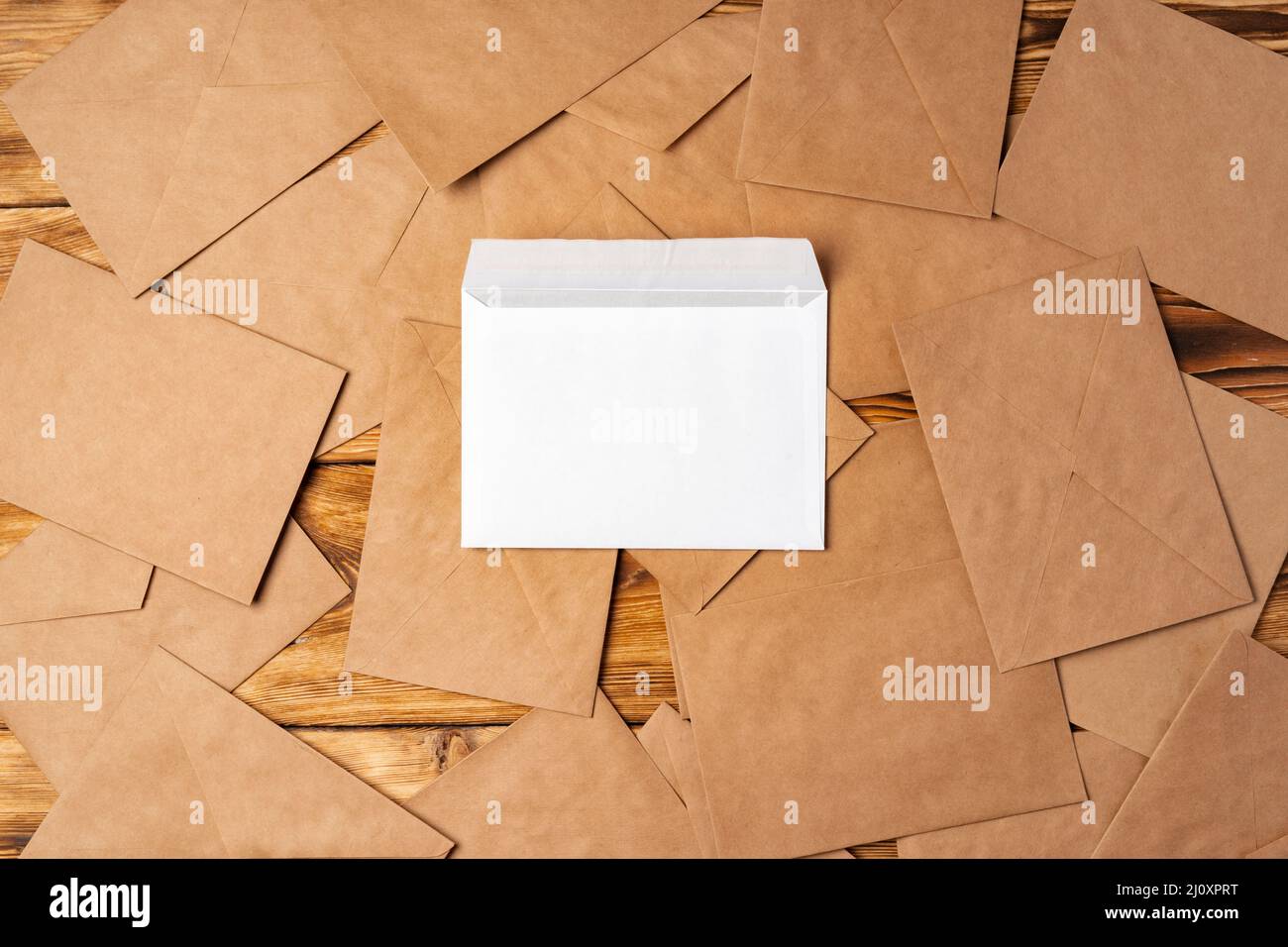 Stack of envelopes on working desk top view. Business mail Stock Photo ...