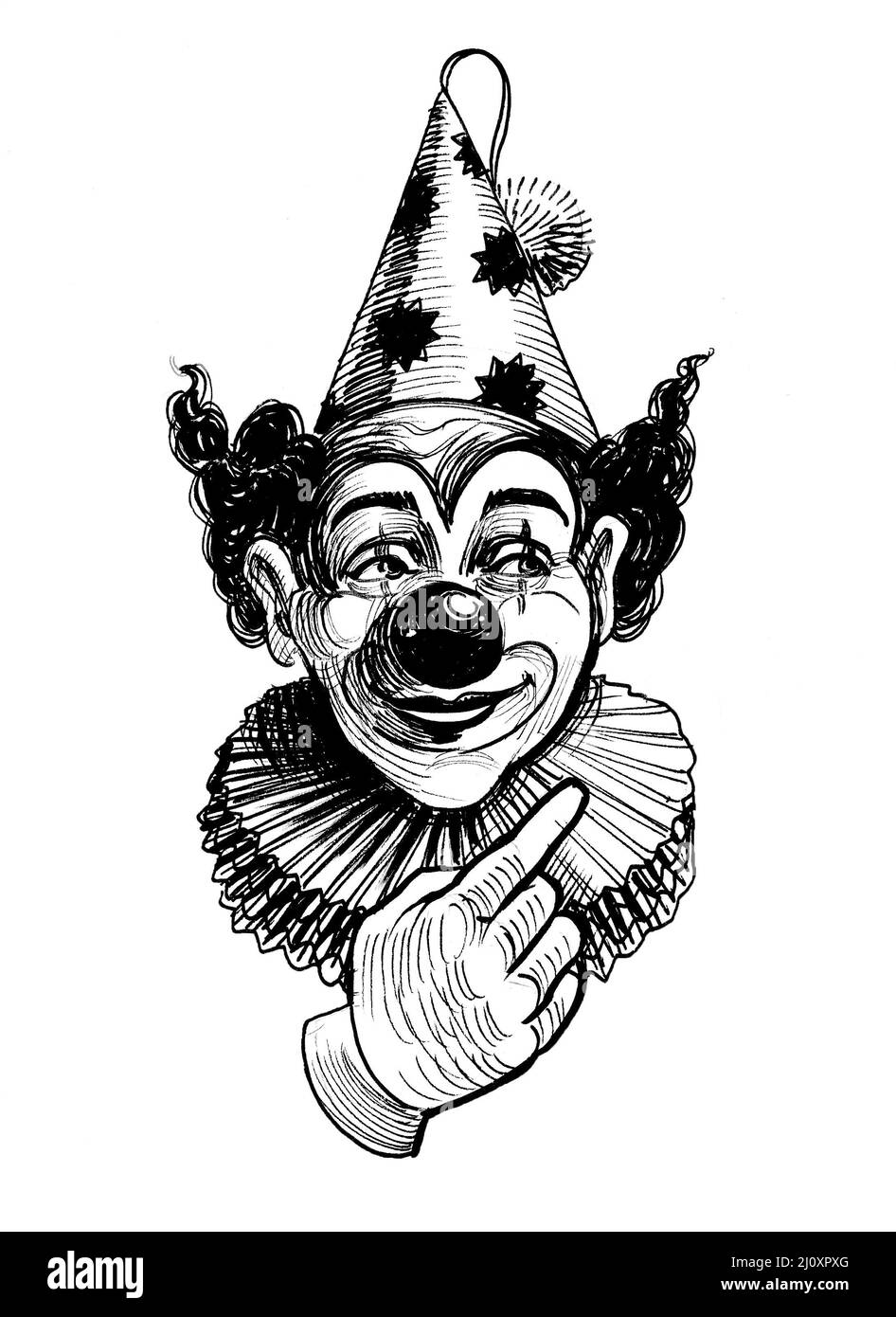 Clown pointing up. Ink black and white drawing Stock Photo - Alamy