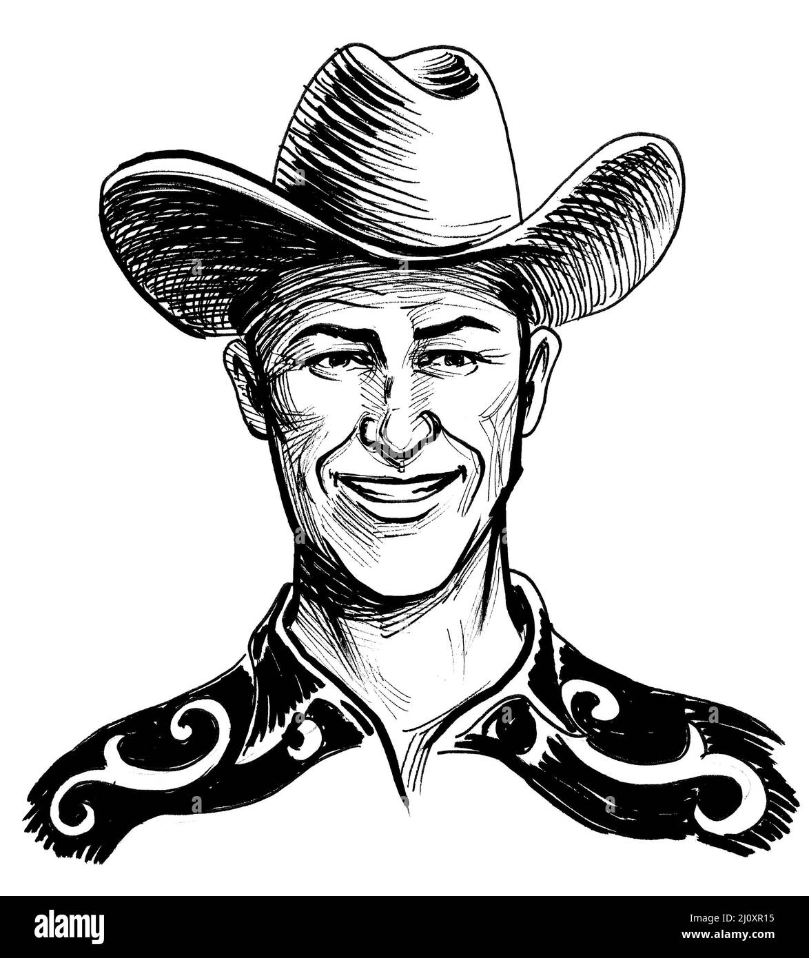 Happy smiling cowboy character. Ink black and white drawing Stock Photo ...