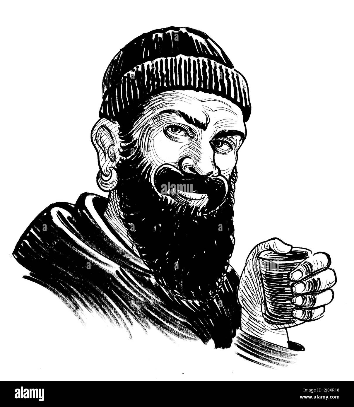 Sailor drinking a cup of rum. Ink black and white drawing Stock Photo ...