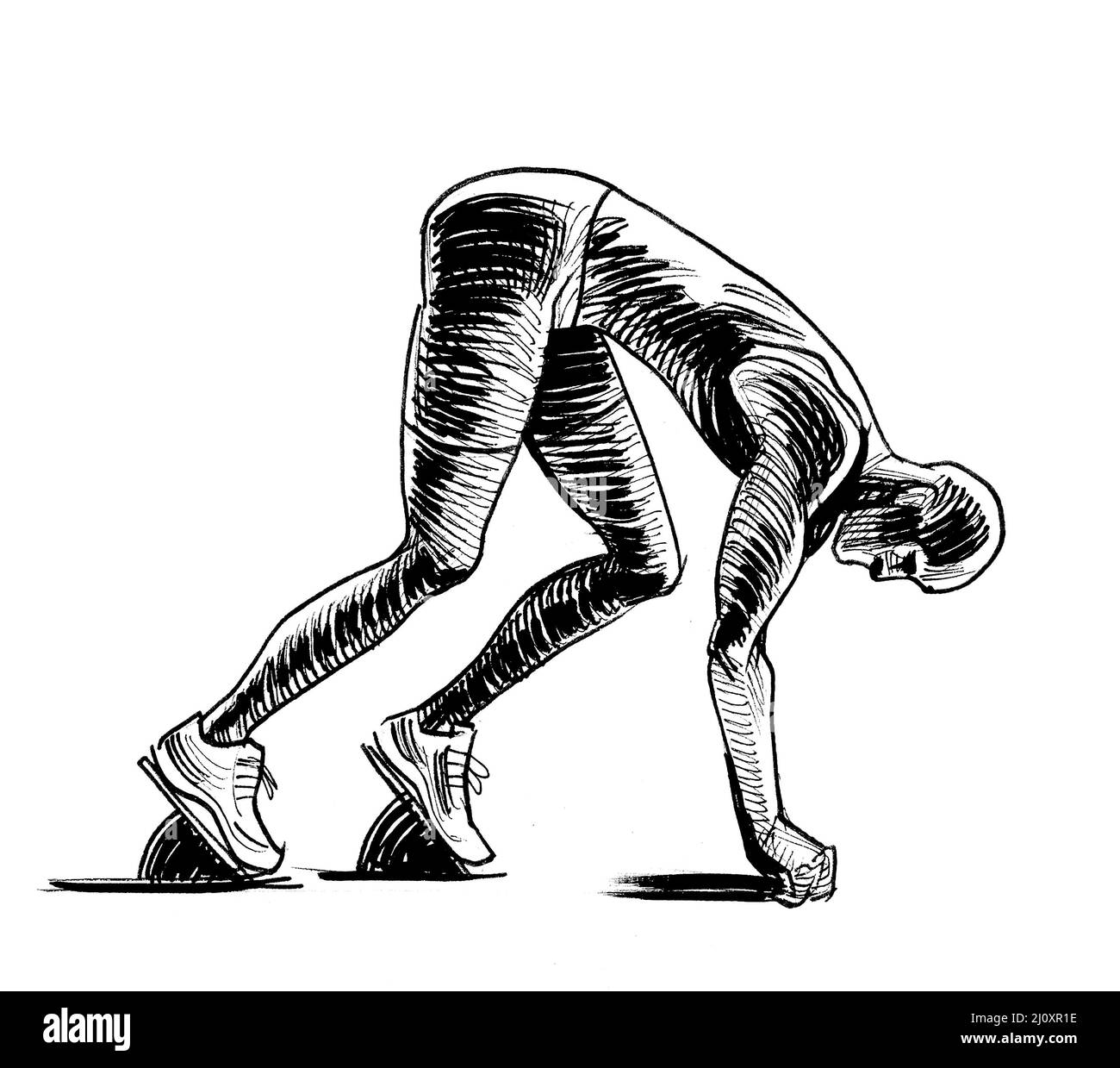 Sprinter on start. Ink black and white drawing Stock Photo - Alamy