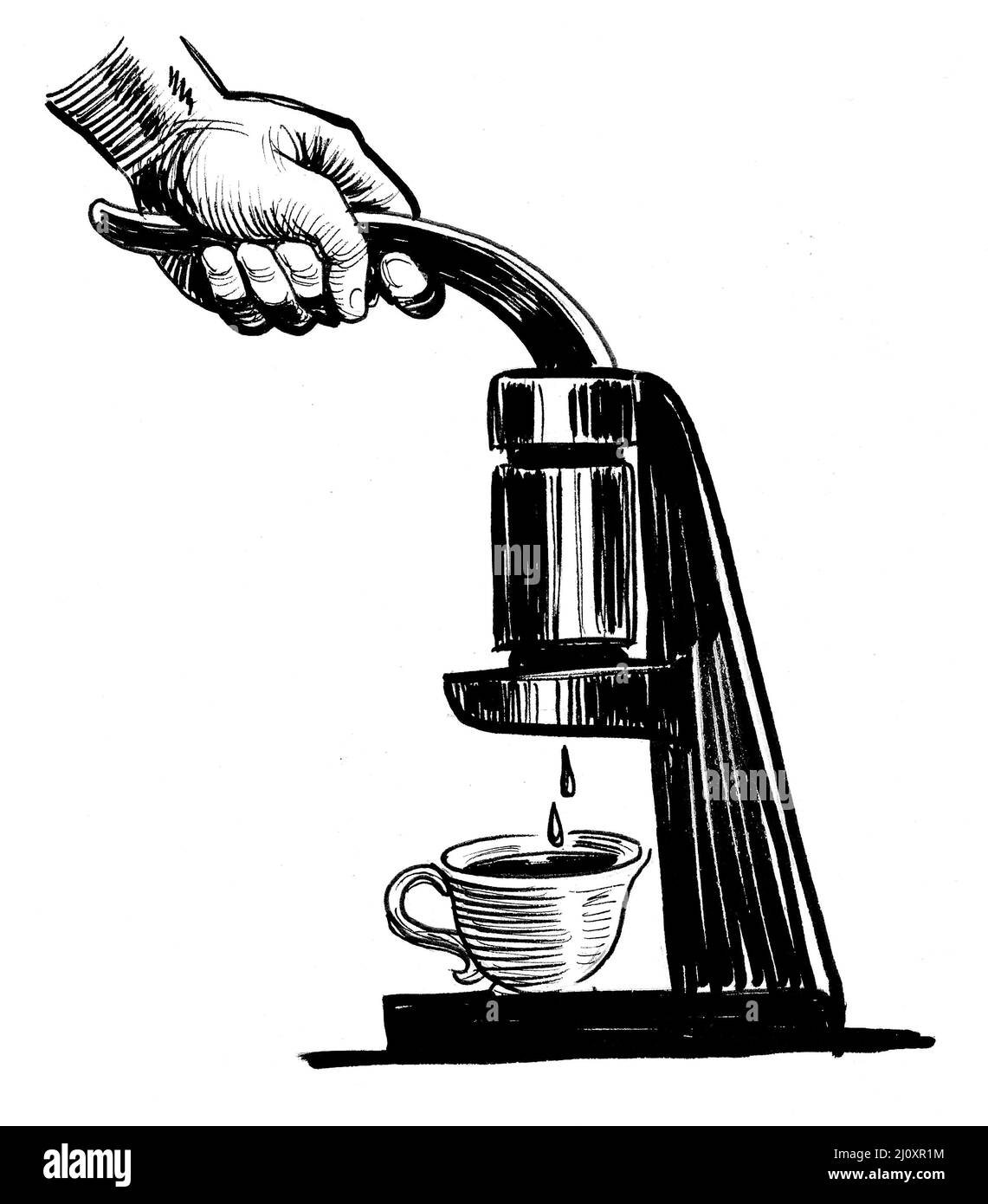 Barista's hand and coffee machine. Ink black and white drawing Stock ...