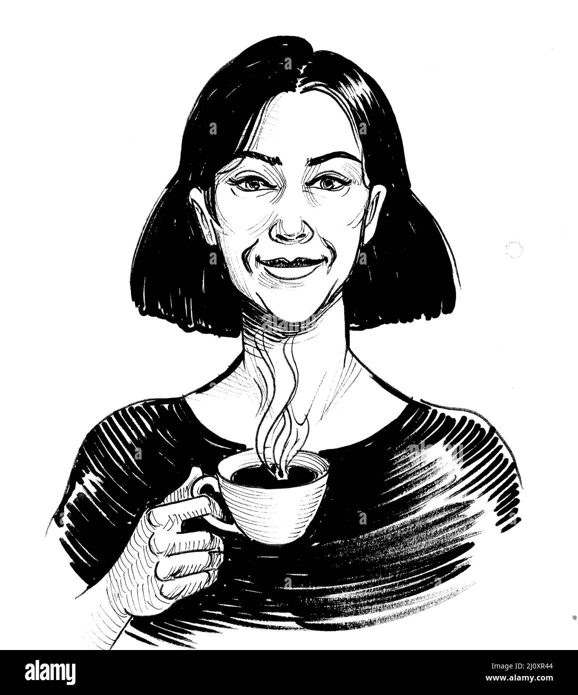 Pretty woman drinking a cup of coffee. Ink black and white drawing ...