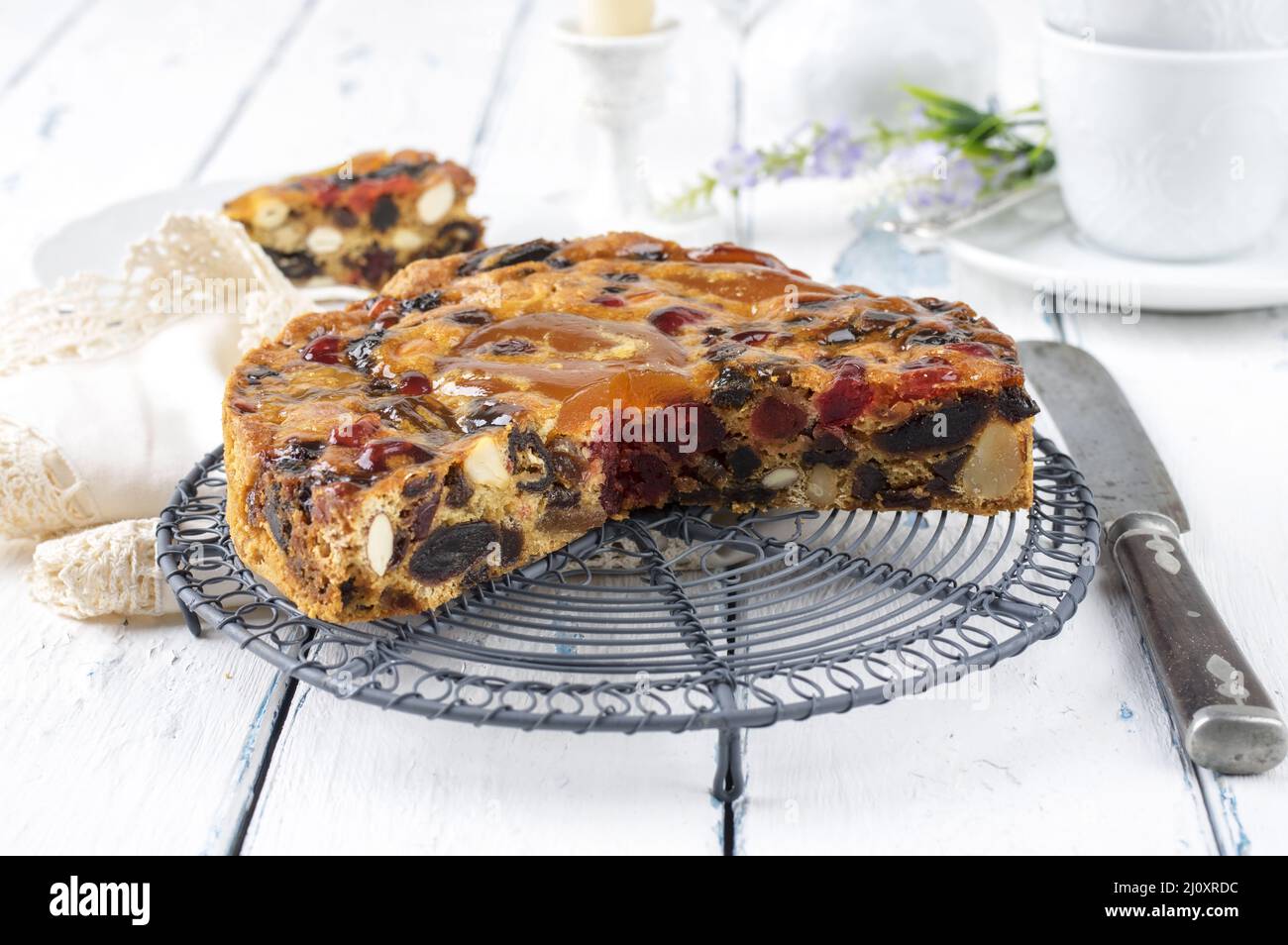 Traditional Australian Christmas cake with fruits and nuts served as ...