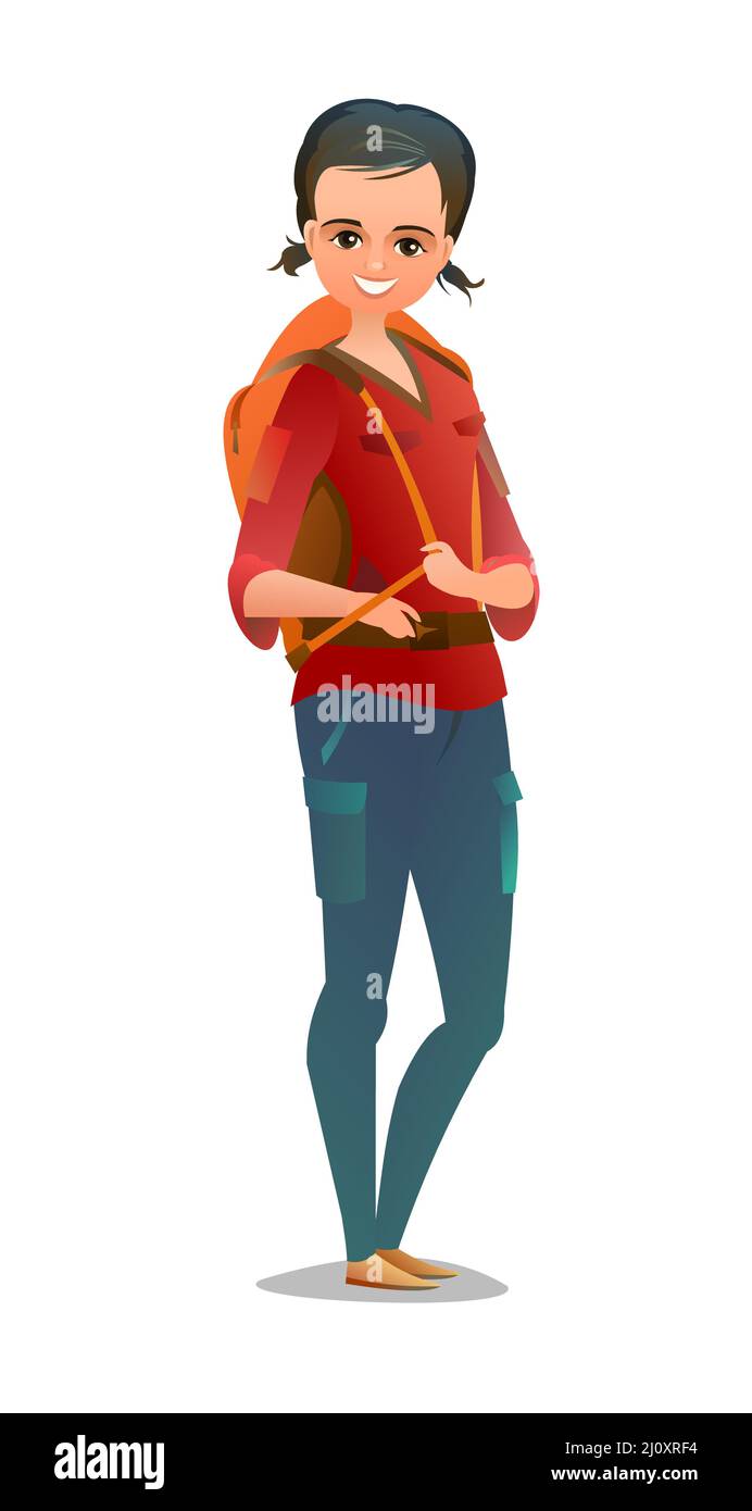 Little girl tourist backpacker. Teen with backpack on his back ...