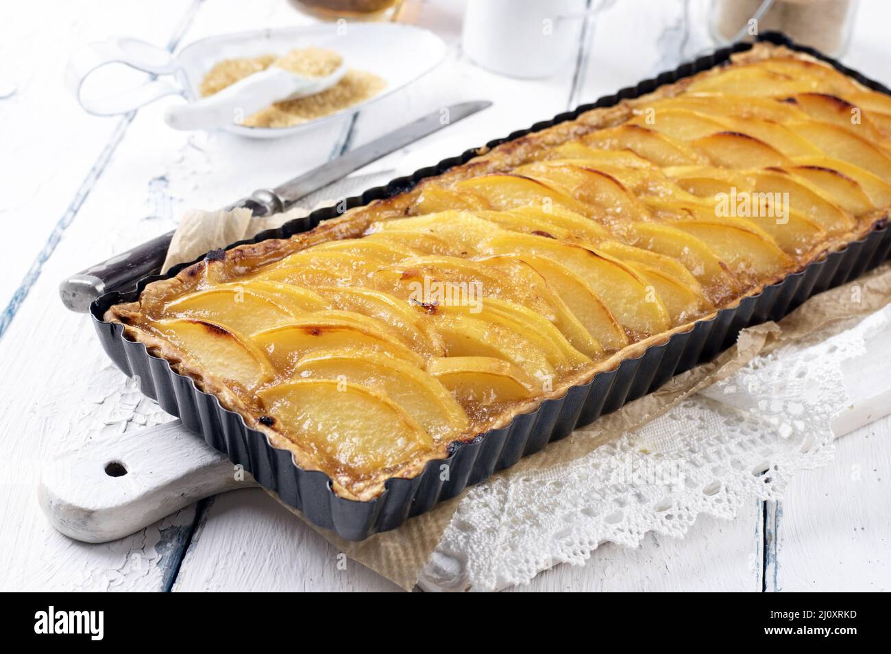 Traditional French quince tart served as close-up in classic backing ...